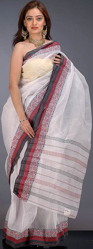 White Cotton Sari with Gray and Red Border | Exotic India Art