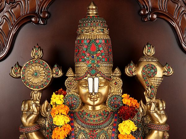74" Super Large Tirupati Balaji in Wooden Frame Stand with Vaishnav ...