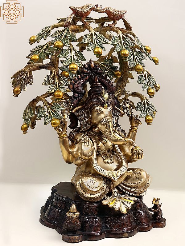 24" Brass Lord Ganesha with Tree | Handmade | Exotic India Art
