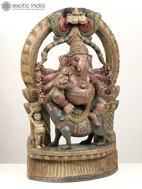 35" Large Ten Armed Lord Ganesha Seated on Mushak | Wood Carved Statue ...