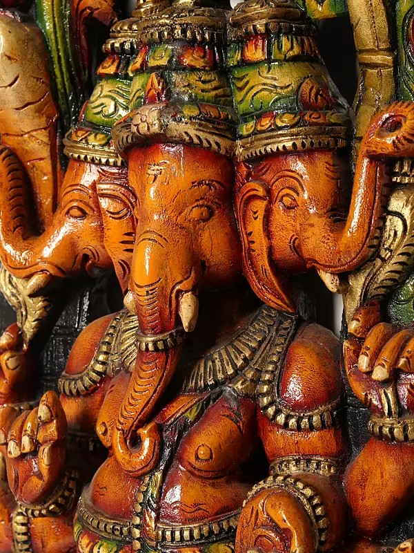36" Large Three Headed Lord Ganesha Seated on Mushak | Wood Carved ...