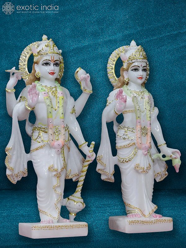 16" Blessing Pose Lakshmi And Lord Vishnu Holding Mace | White Makrana ...