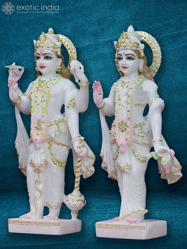 16" Blessing Pose Lakshmi And Lord Vishnu Holding Mace | White Makrana ...