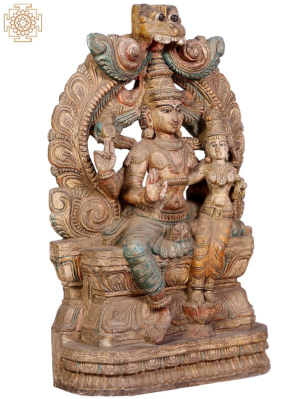 24" Wooden Sitting Shri Hari Vishnu with Goddess Lakshmi | Exotic India Art