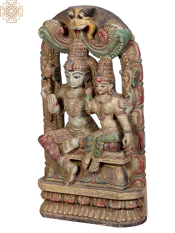 18" Wooden Lord Vishnu & Devi Lakshmi Seated on Throne | Exotic India Art