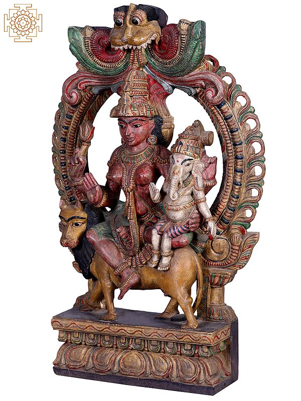 36" Large Wooden Devi Parvati Seated on Lion with Bal Ganesha | Exotic ...