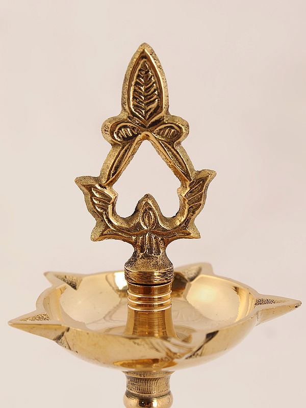 6" Indian Pooja Lamp (Deepam) With Leaf Top | Brass | Exotic India Art