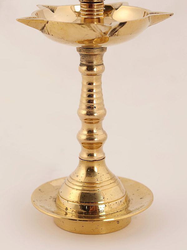 6" Indian Pooja Lamp (Deepam) With Leaf Top | Brass | Exotic India Art