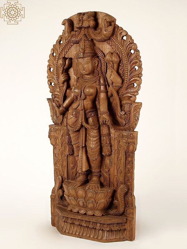 36" Large Wooden Standing Devi Lakshmi on Lotuse | Wall Panel | Exotic ...