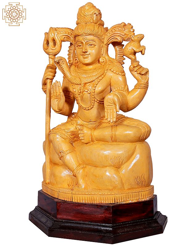 16" Lord Shiva Idol with Trishul Seated on Throne | Wooden Statue | Exotic India Art
