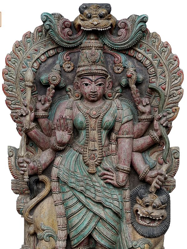 38" Large Goddess Durga Standing On Demon Face With Loin | Wooden ...