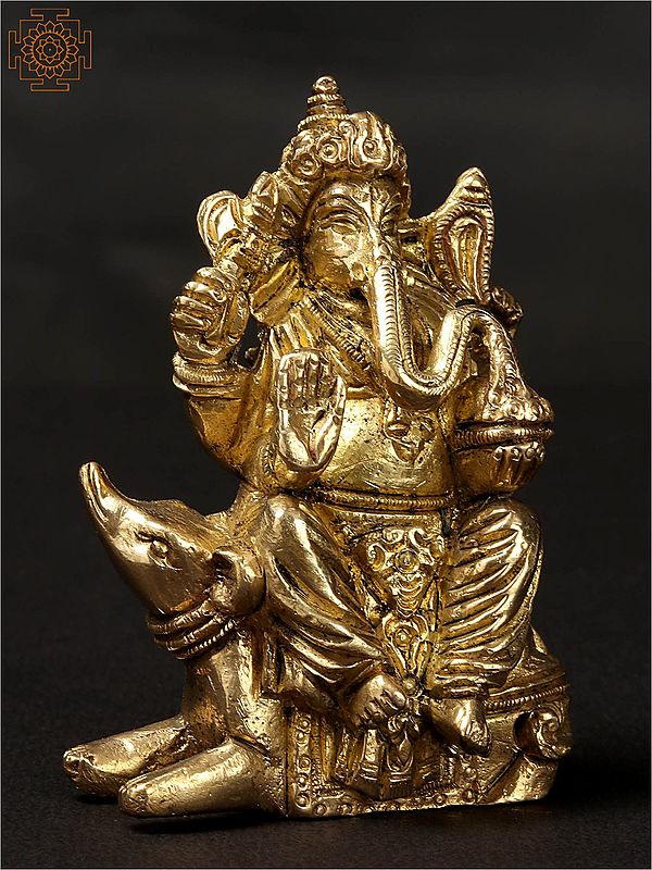 3'' Small Ganesha Idol Seated on Mushak | Brass Statue | Exotic India Art