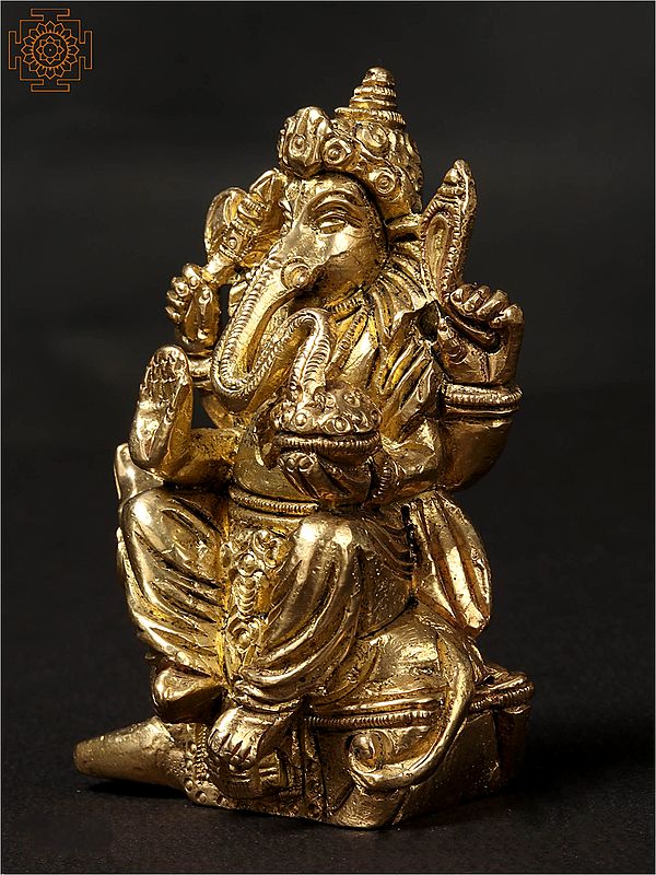 3'' Small Ganesha Idol Seated on Mushak | Brass Statue | Exotic India Art