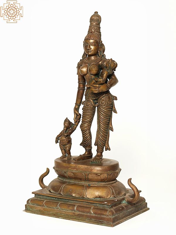 14" Standing Goddess Parvati with Baby Ganesha and Karttikeya | Bronze ...