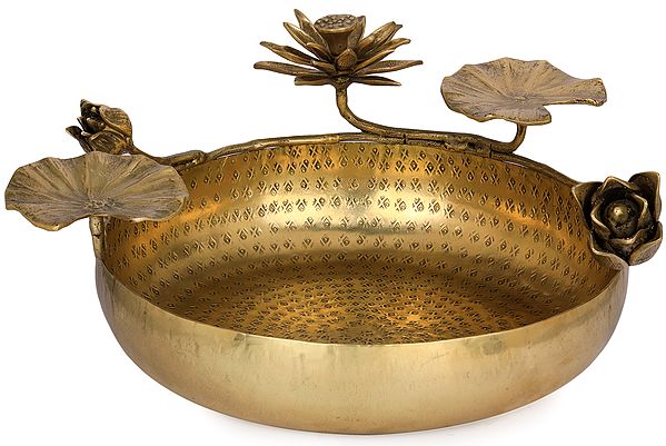 Attractive Designer Brass Urli with Flower and Buds | Exotic India Art