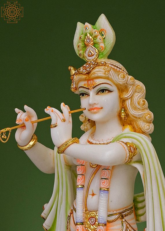 24" Krishna Playing Flute With Peacock | Handmade | White Marble ...