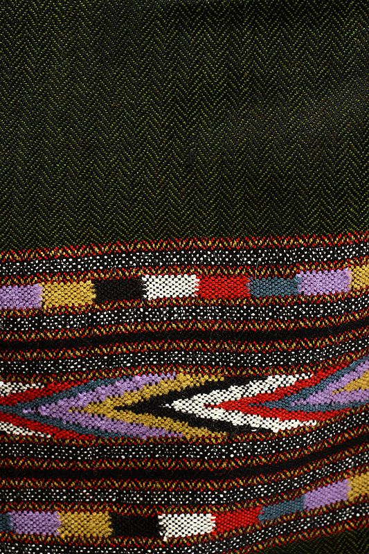 Dark-Green and Red Stole from Kullu with Woven Border | Exotic India Art