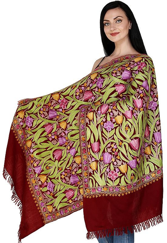 Tibetan-Red Stole from Kashmir with Embroidered Tulips All-Over ...