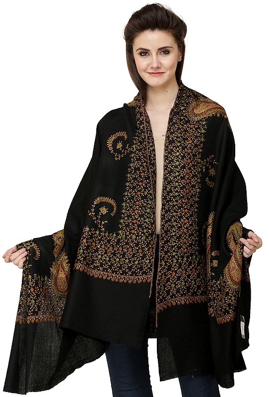 Pirate-Black Tusha Shawl from Kashmir with Sozni Hand-Embroidered ...