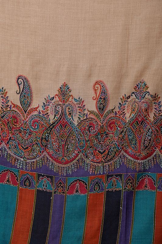 Oxford-Tan Printed Kani Shawl from Amritsar with Kalamkari Embroidery ...