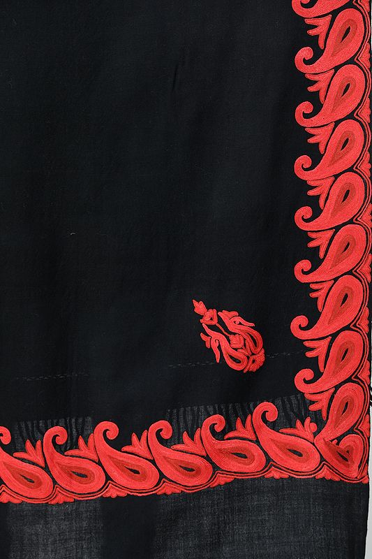 Woolen Shawl from Kashmir with Aari Hand-Embroidered Paisley on Border ...
