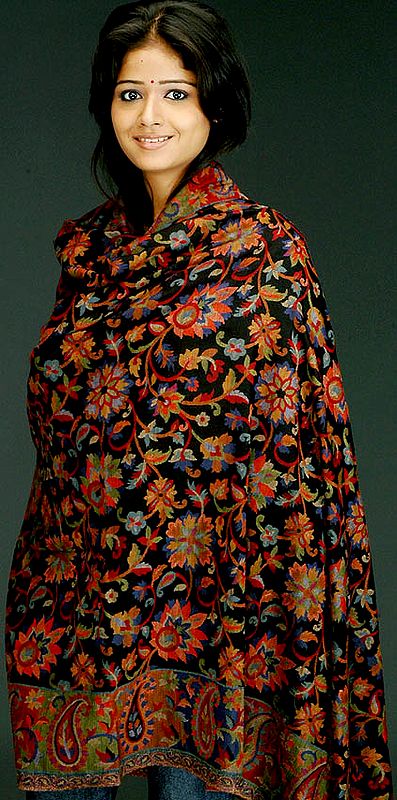 Black Kani Jamawar Shawl with Multi-Color Flowers | Exotic India Art