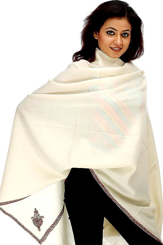 Ivory Shawl with Embroidery on Edges | Exotic India Art