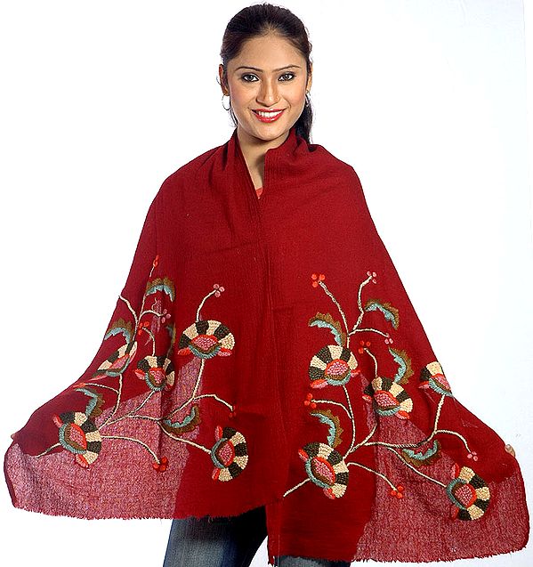 Maroon Scarf with Embroidered Flowers | Exotic India Art