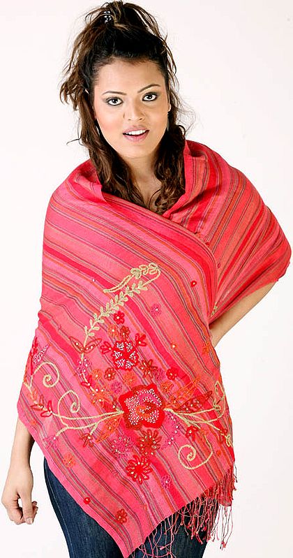 Red Striped Scarf with Embroidery and Sequins | Exotic India Art