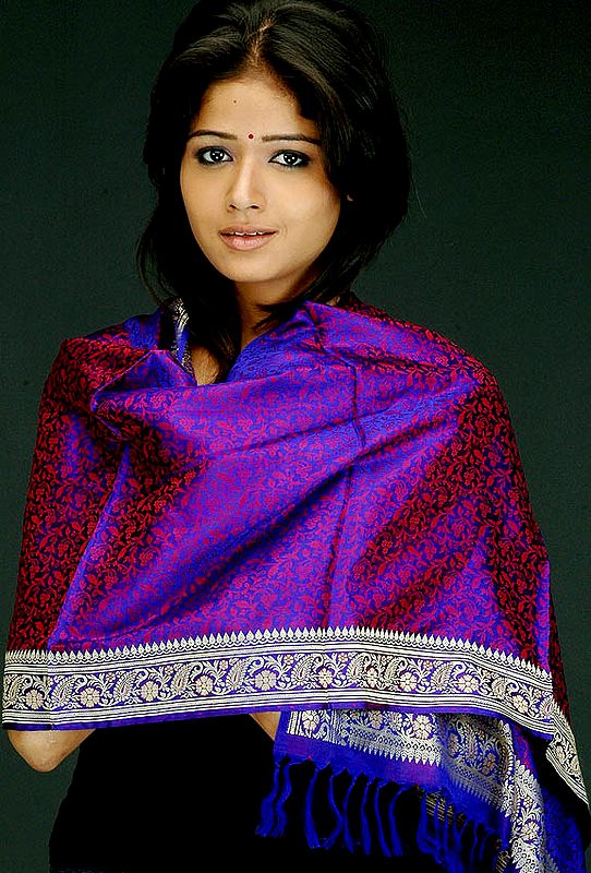 Royal Blue Tanchoi Stole Hand-Woven in Banaras | Exotic India Art
