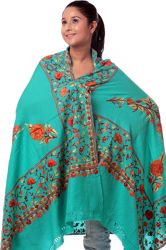 Sea-Green Phulkari Aari Embroidered Shawl from Kashmir | Exotic India Art