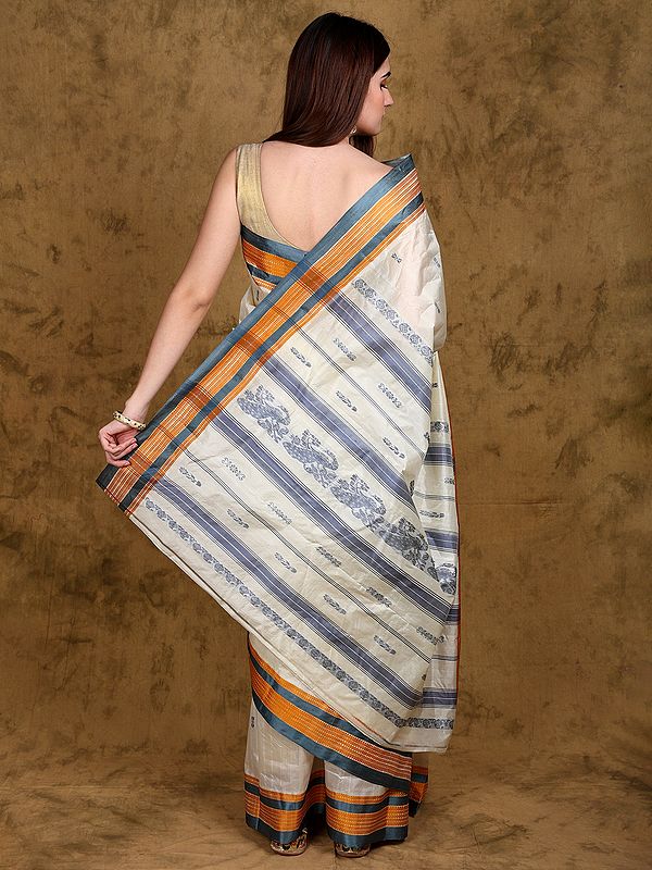 Cannoli-Cream Pure Silk Garad Saree from Bengal with Woven Bootis and ...