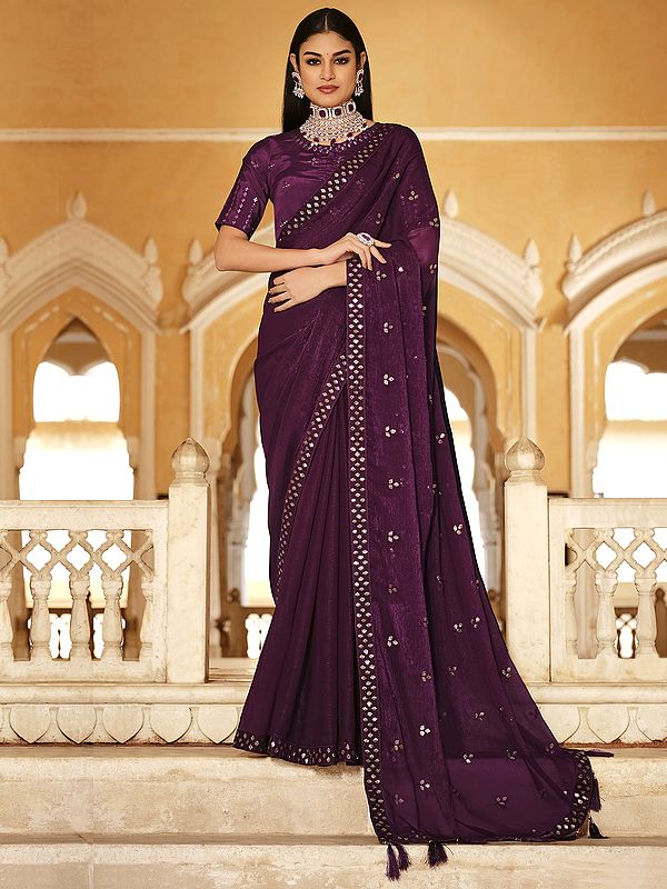 Purple Butti Motif Chinon Saree With Matching Blouse And Sequins-Thread ...