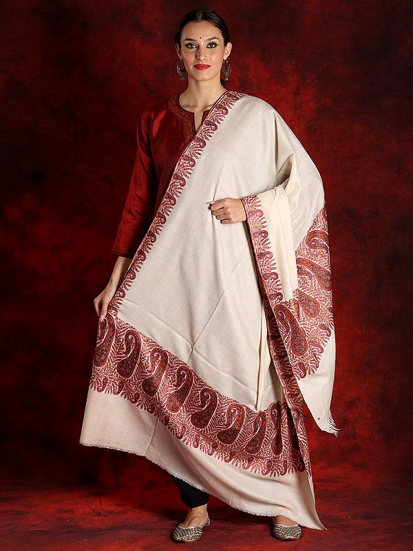 Pure Pashmina Off-White Colored Silk Sozni Embroidered Palledar Shawl ...