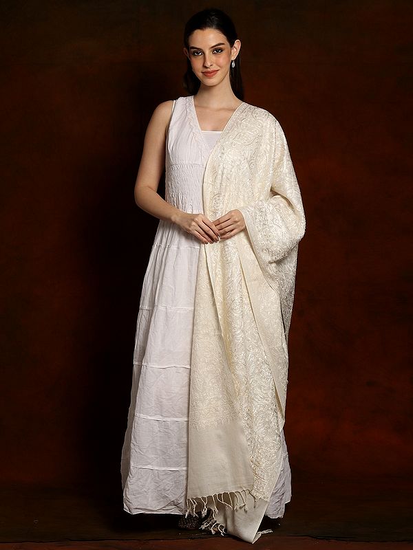 Pearl White Monochromatic Fine Woolen Shawl with all over Threadwork ...