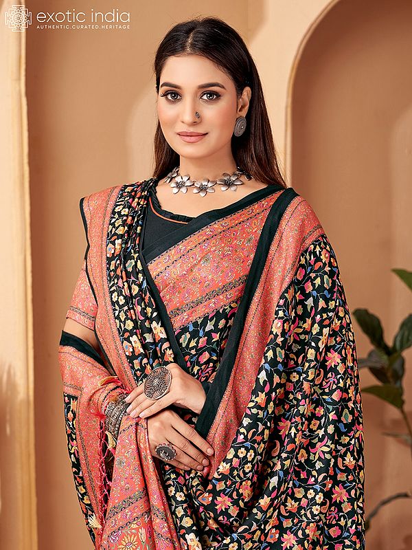 Matte-Black Kani Polyester Floral Design Saree with Floral Border and ...