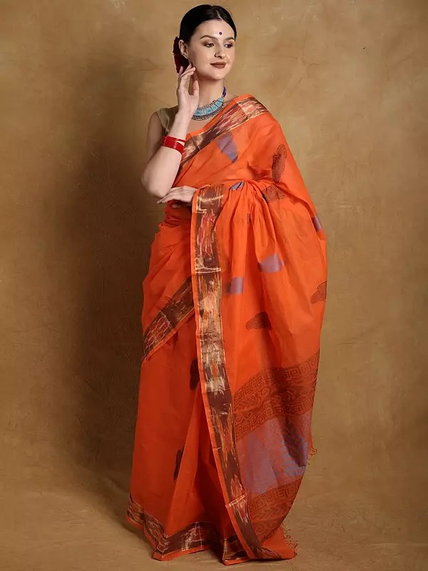 Vermillion-Orange Kalka Cotton Saree with Ikat Border | Exotic India Art
