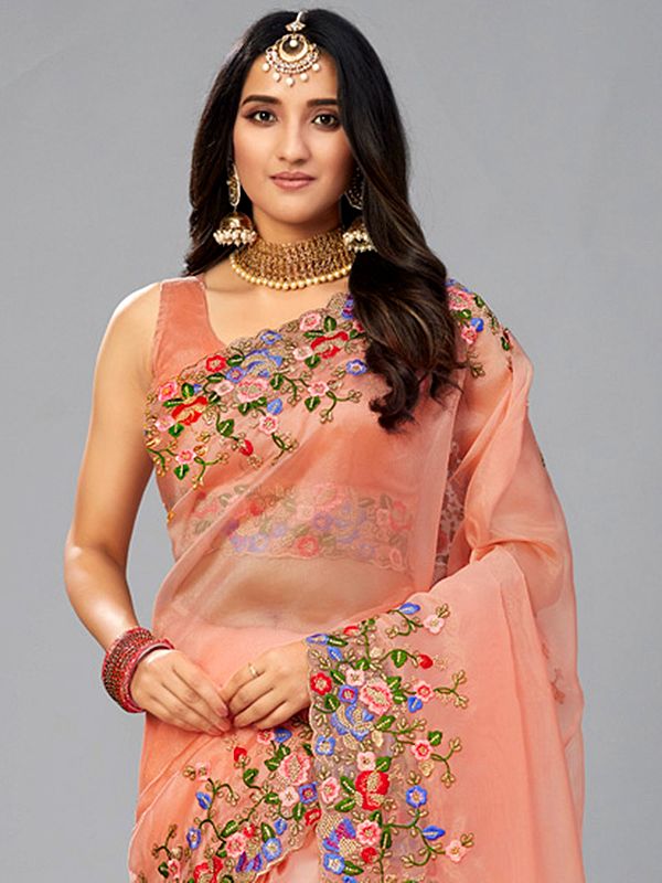 Peach Organza Saree with Multicolor Floral Thread-Zari Work on Border ...