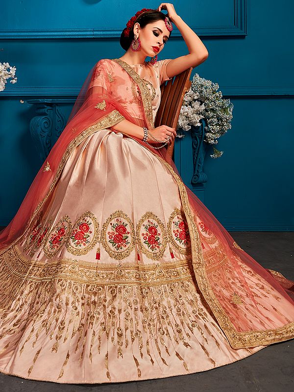 Coral-pink Satin Lehenga Choli with Beautiful Rose Flower Embroidery on ...