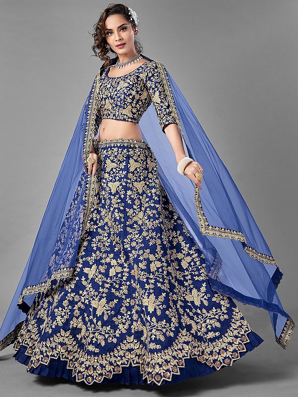 Blue Art Silk Dori-Sequins Work Frill Lehenga Choli with All-Over Bail ...