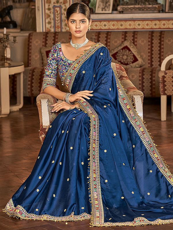 Blue Organza Butta Saree With Art Silk Bail Pattern Designer Blouse And ...