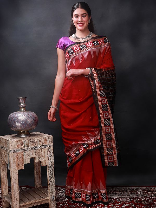 True-Red Ikat Saree with Black Temple Border and Depiction of ...