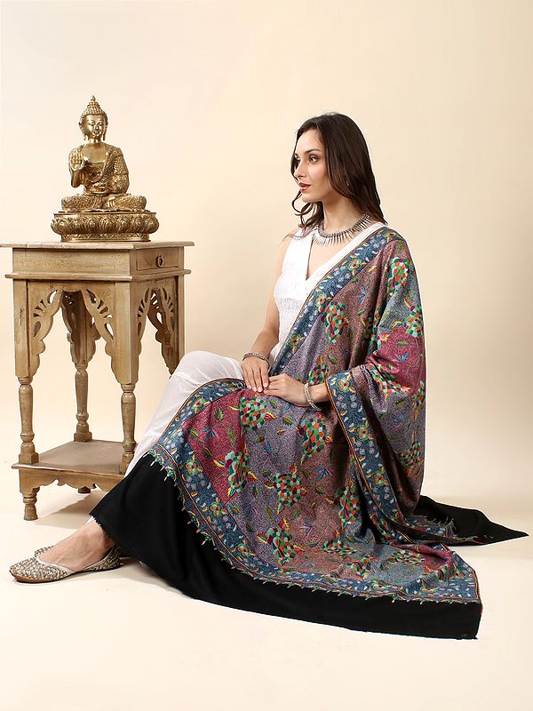 Hand-Embroidered Pure Pashmina Jamawar Shawl with Intricate Multicolor ...