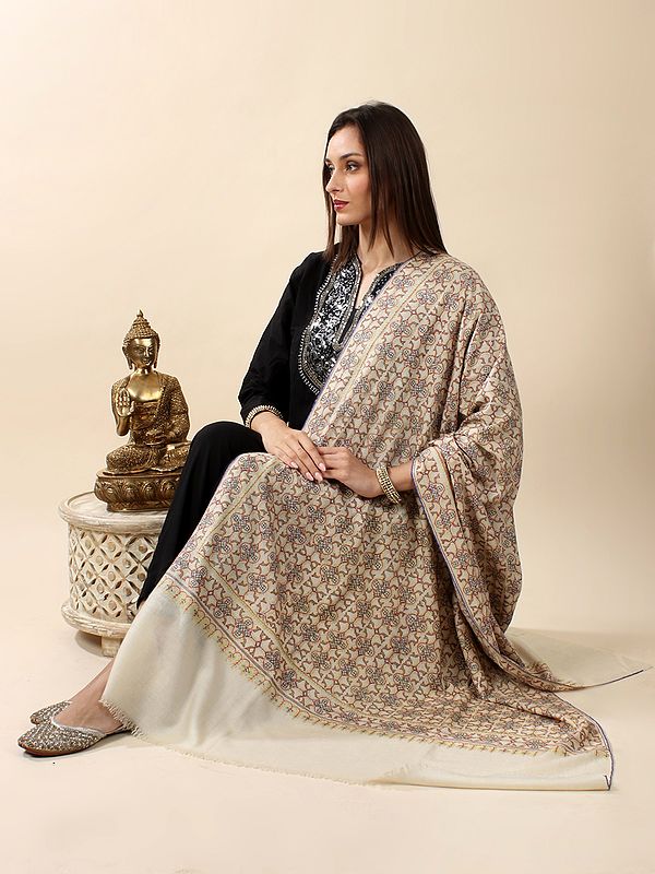Snow-White Hand-Embroidered Sozni Jamawar Pure Pashmina Shawl with ...