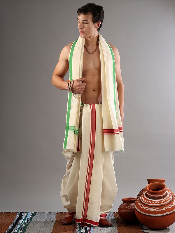 Dual-Color Thin Woven Border Pure Cotton Cream Drape Style Dhoti-Veshti ...