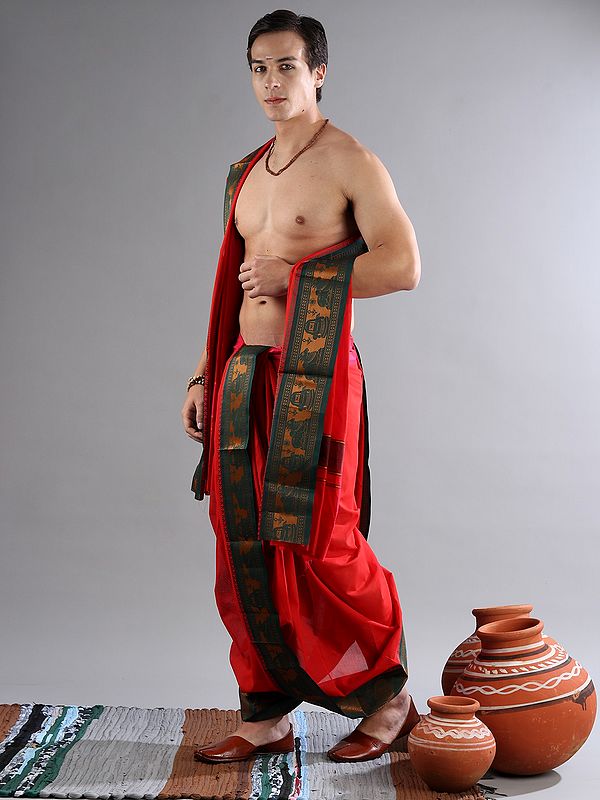 True-Red Dhoti and Angavastram Set with Woven Shivlinga- Nandi Design ...
