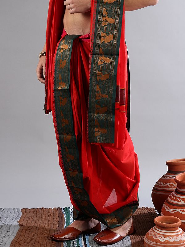 True-Red Dhoti and Angavastram Set with Woven Shivlinga- Nandi Design ...