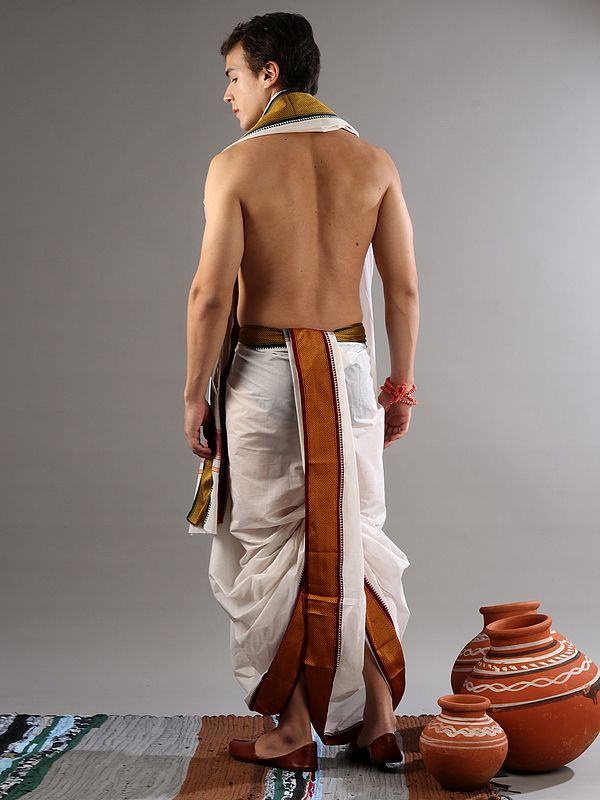 Cream Traditional Pure Cotton Drape Style Dhoti and Veshti Set with ...
