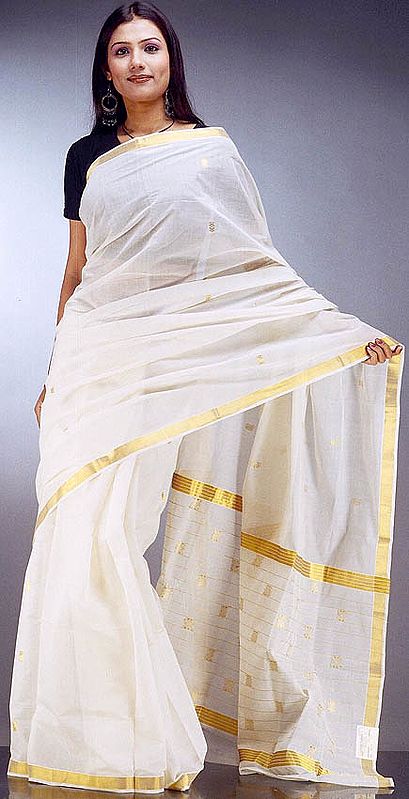Cream Kerala Cotton Sari with Golden Border | Exotic India Art