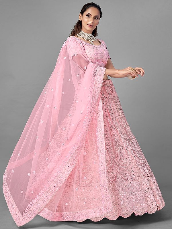 Pink Soft Net Lehenga Choli with Kali Pattern Dori-Zarkan Work and ...